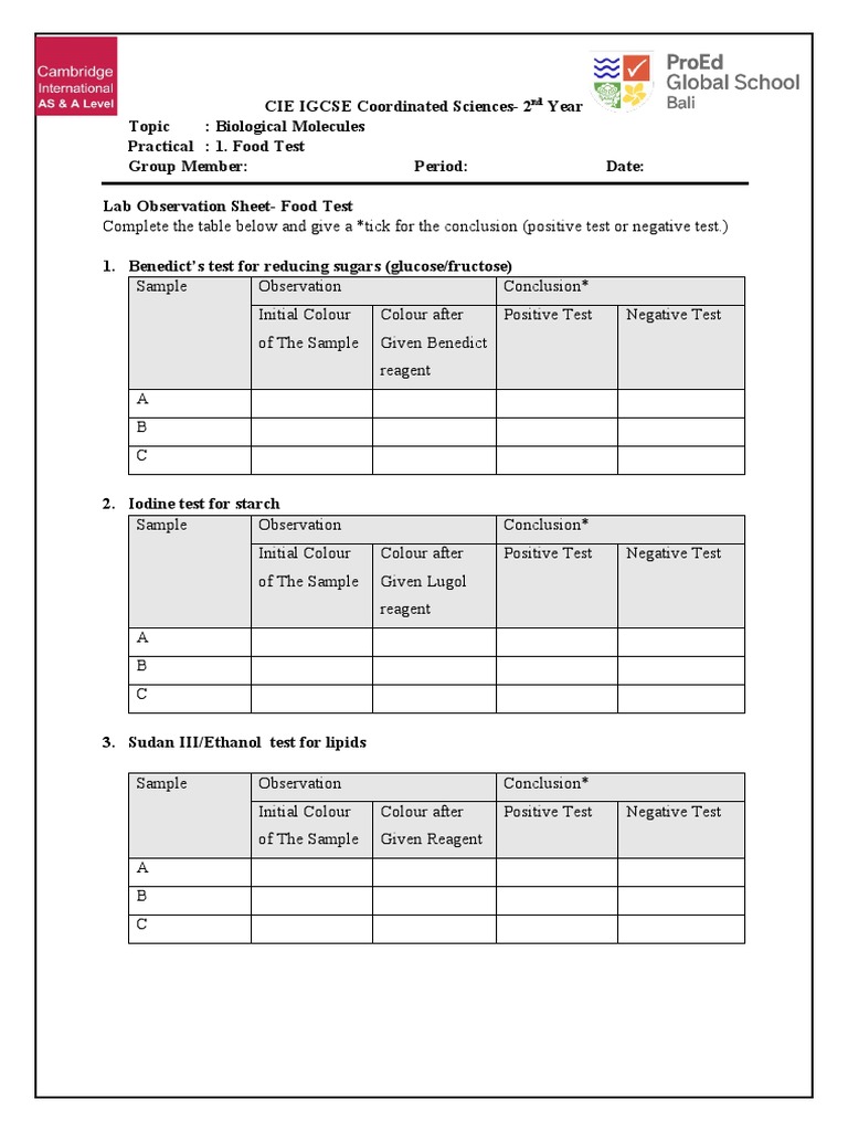 Lab Observation sheet- Food Test | PDF