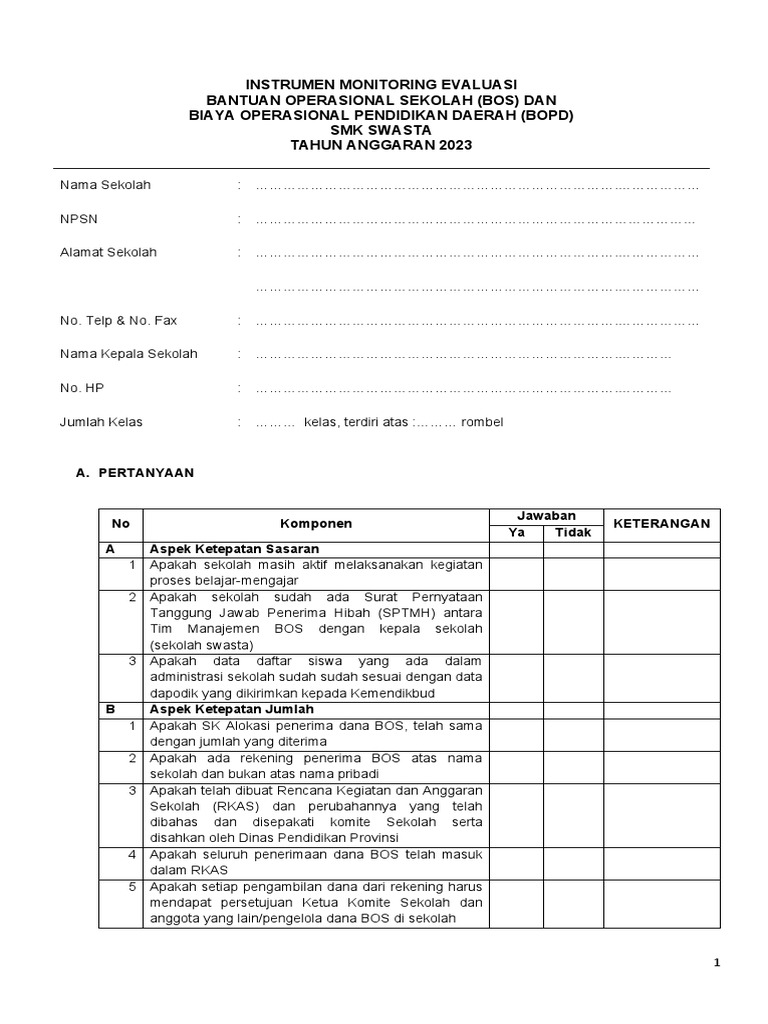Instrumen Audit Bos Smk Swasta Tahun 2023 | PDF