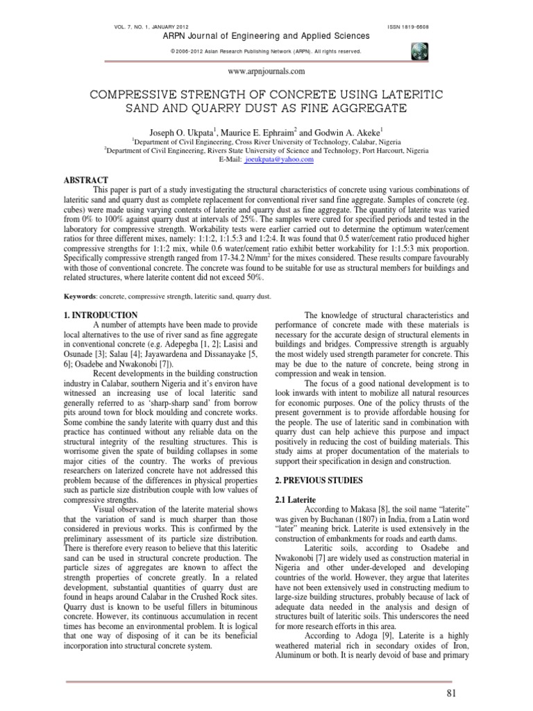 Compressive Strength of Concrete Using Lateritic Sand and Quarry Dust As Fine Aggregate | PDF ...