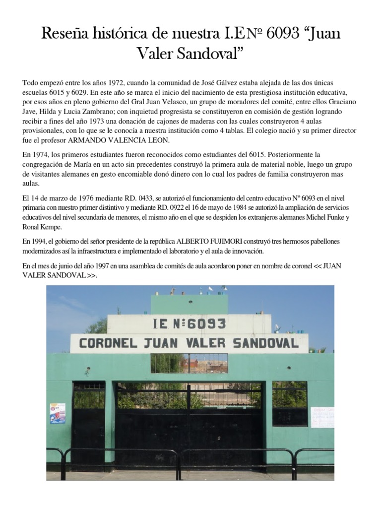 Historia de la I.E. Nº 6093 Juan Valer Sandoval | PDF