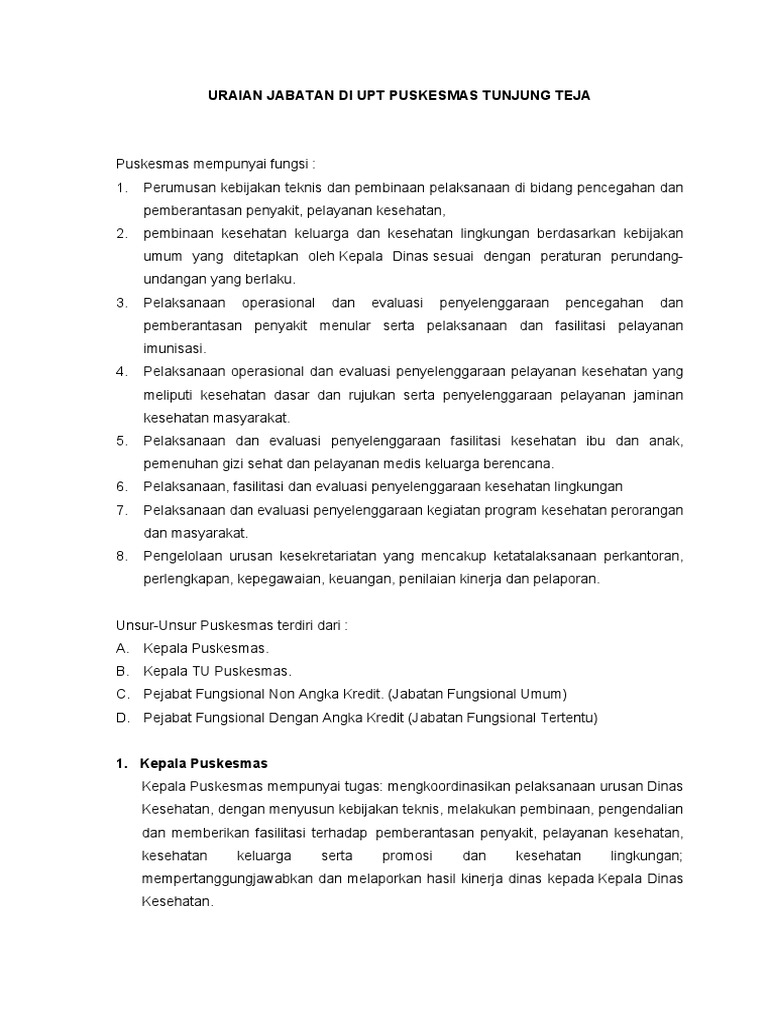 URAIAN JABATAN DI UPT PUSKESMAS TUNJUNG TEJA | PDF