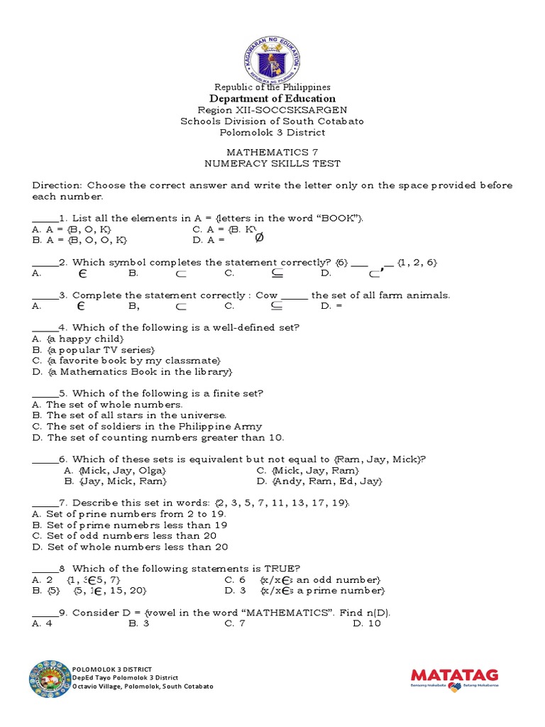 Polomolok 3 Math 7 Numeracy Skills Test | PDF | Numbers | Multiplication