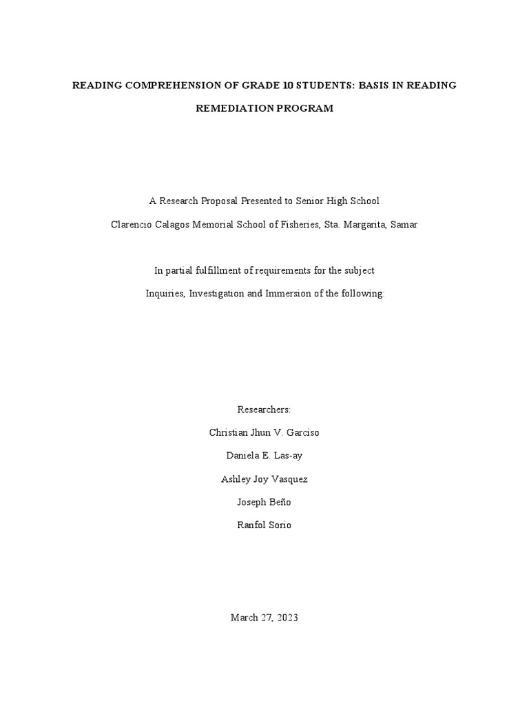 Reading Comprehension of Grade 10 Students: Basis in Reading Remediation Program | PDF | Reading ...