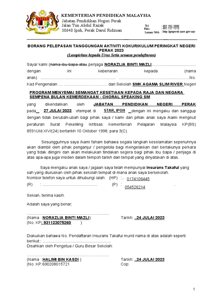 Borang Pelepasan Tanggungan JPN Perak 2023 | PDF