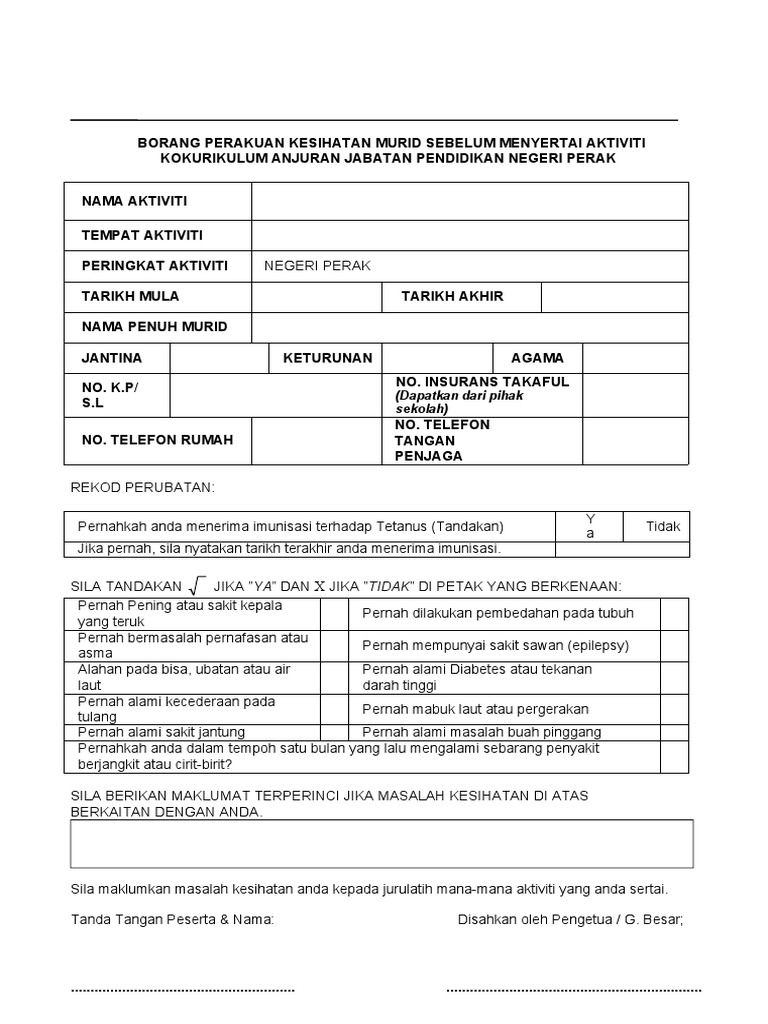 Borang Perakuan Kesihatan JPN Perak 2023 | PDF