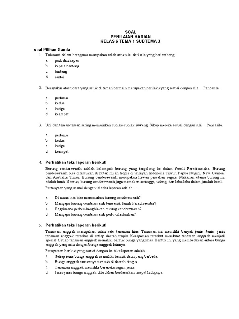 Soal, Jawaban & Kisi-Kisi PH Kelas 6 SD Tema 1 Sub Tema 3 Tahun 2021-2022 | PDF
