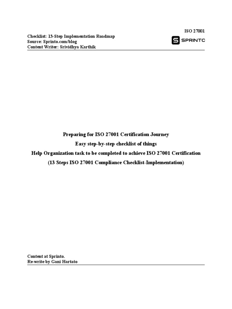 Checklist ISO 27001 (13-Step Implementation Roadmap) | PDF