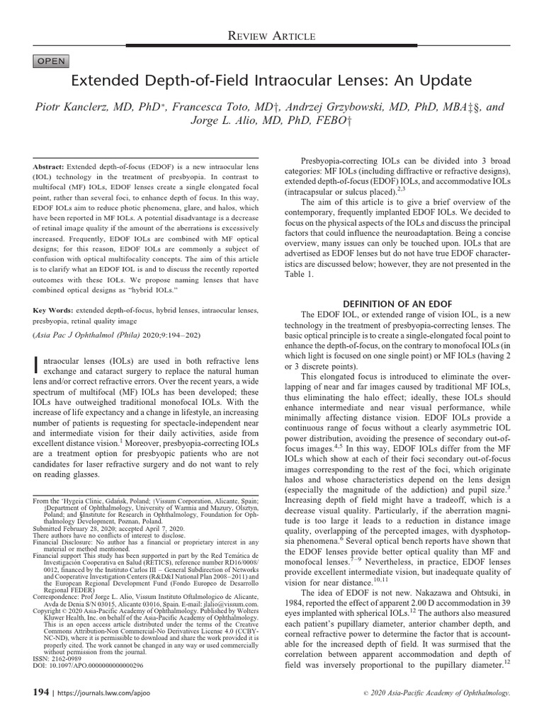 Extended Depth-Of-Field Intraocular Lenses | PDF | Ophthalmology | Vision