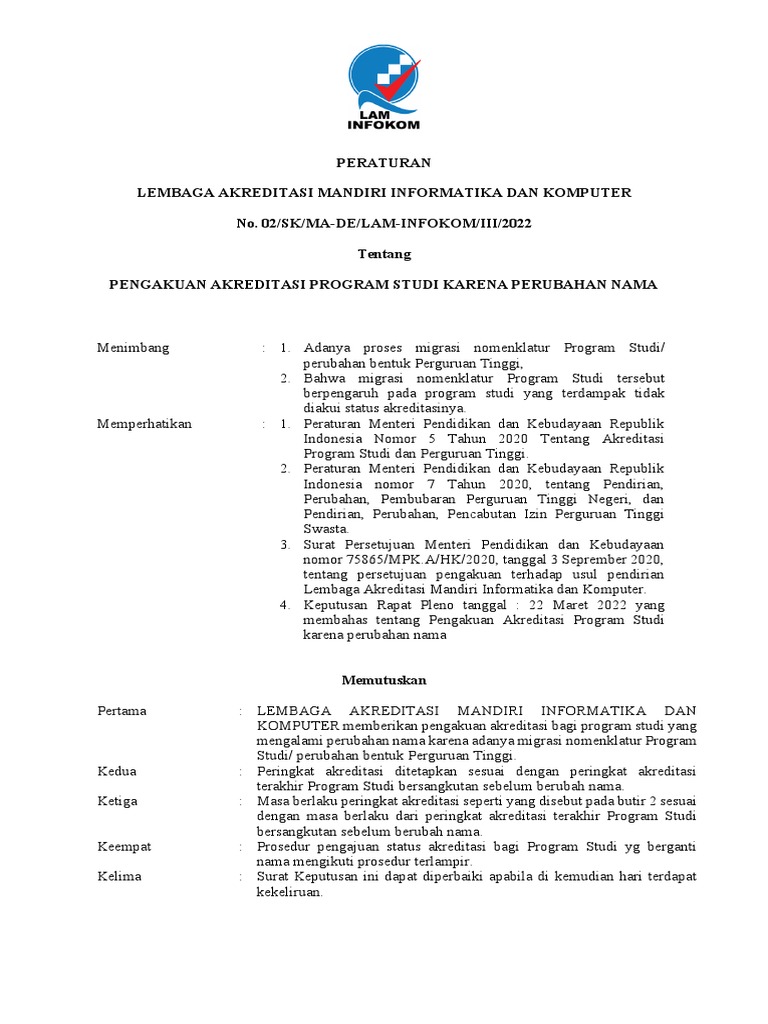 280322-PERLAM Pengakuan Akreditasi Prodi Karena Perubahan Nama-1 | PDF | Pengelolaan Keuangan & Uang