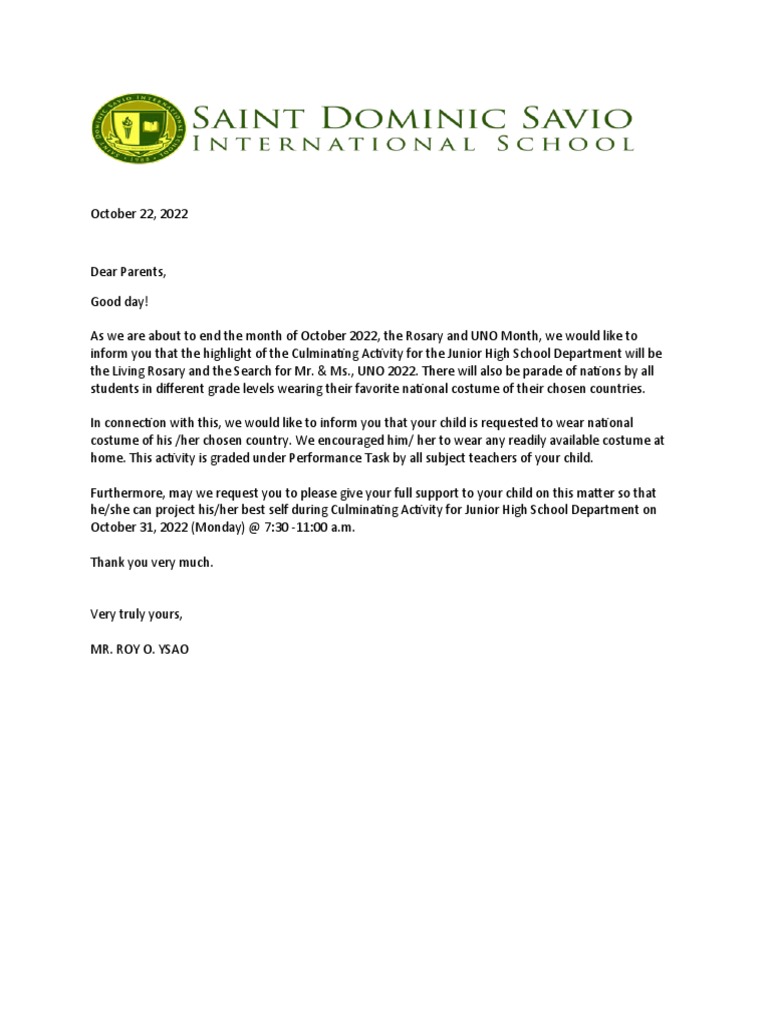 JHS - Culminating Communication Letter | PDF