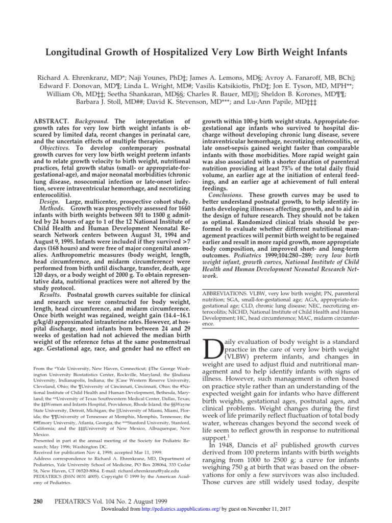 Ehrenkranz 1999 | PDF | Low Birth Weight | Preterm Birth
