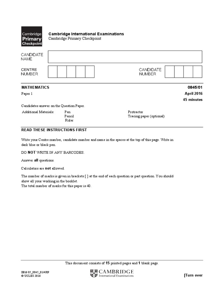 Primary-Checkpoint-Mathematics-0845-April-2016-Paper-1 | PDF