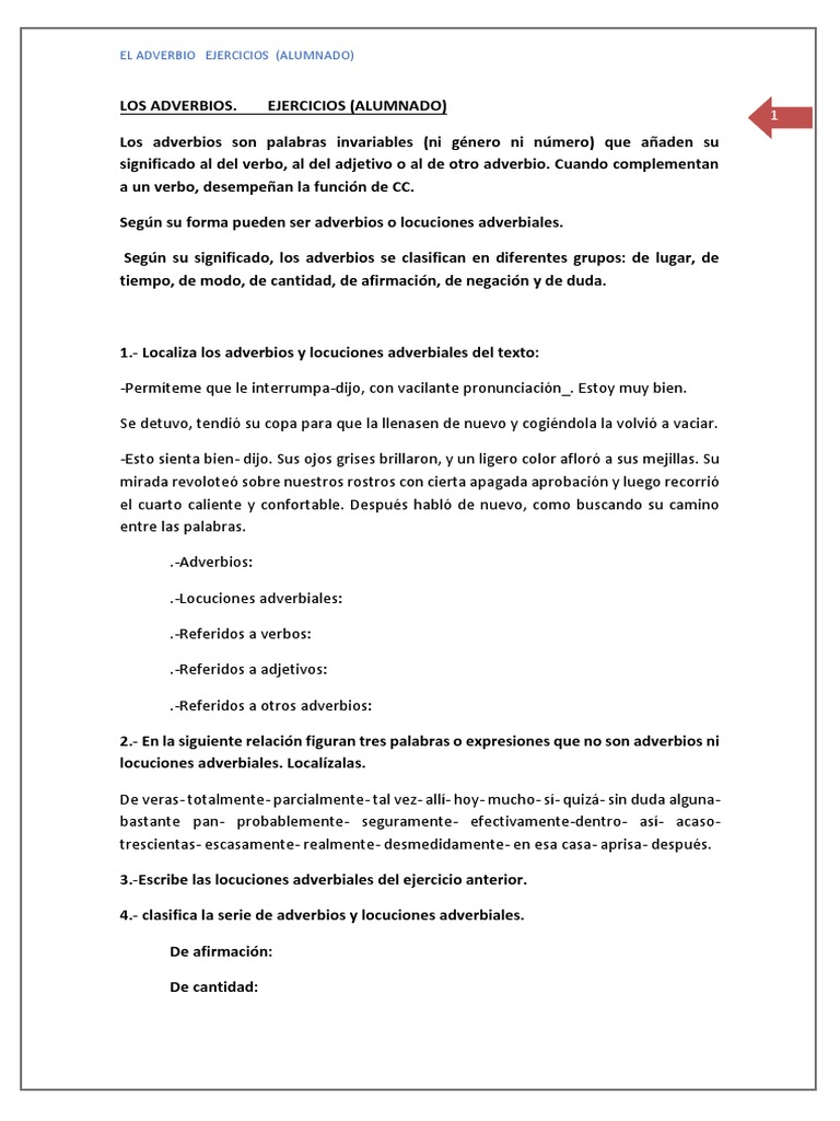 Ejercicios de Adverbios para Secundaria | PDF