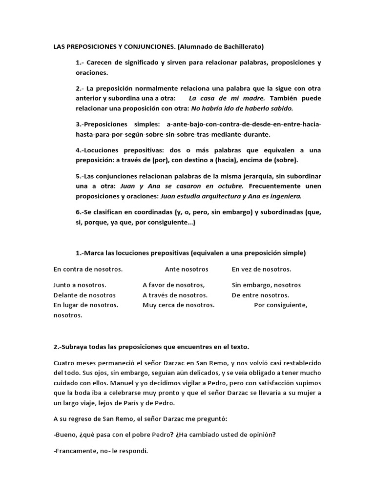 8.-Preposiciones y Conjunciones. Ejercicios Alumnado | PDF