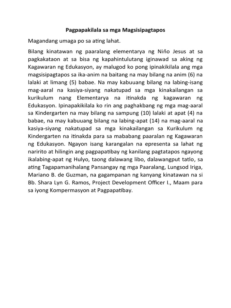 Pagpapakilala Sa Mga Magsisipagtapos at Pagpapatibay | PDF