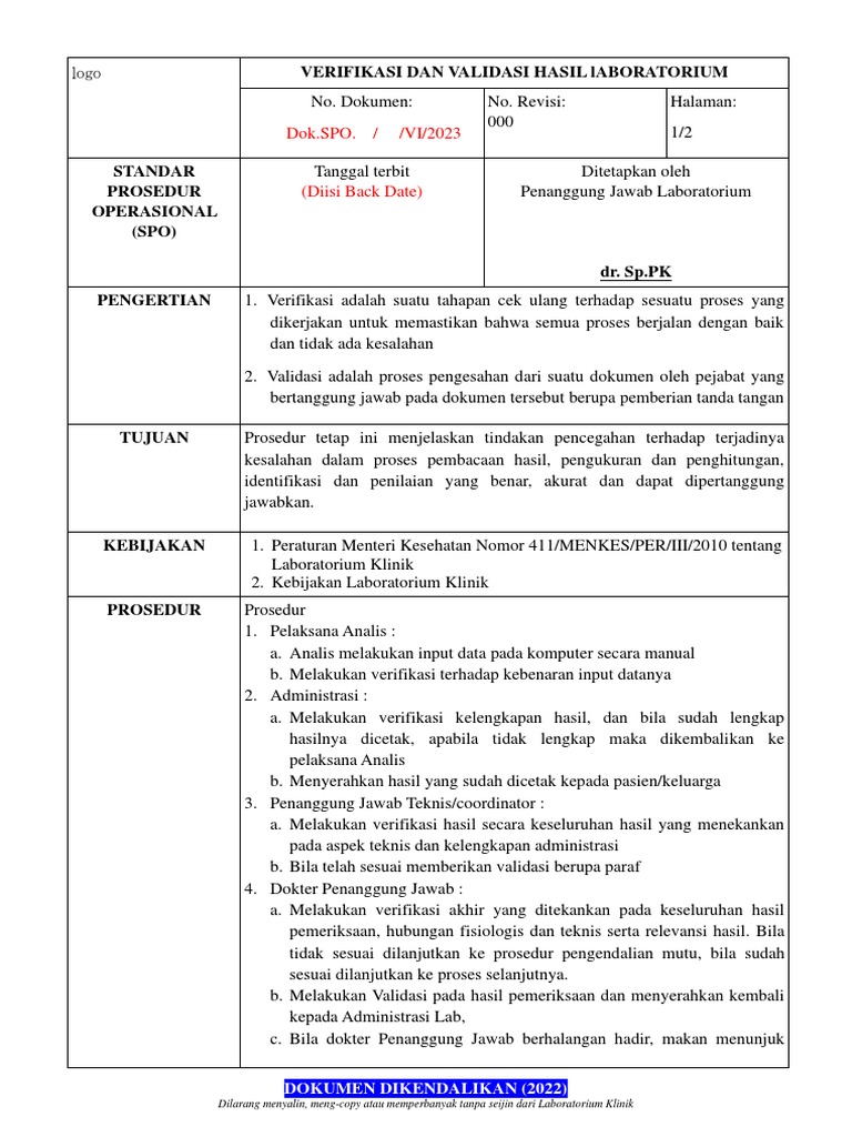 Contoh SPO Validasi Dan Verifikasi Hasil Laboratorium | PDF