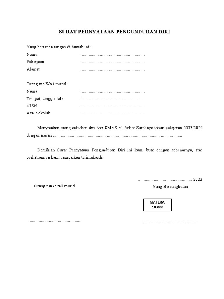 Surat Pernyataan Pengunduran Diri PPDB | PDF