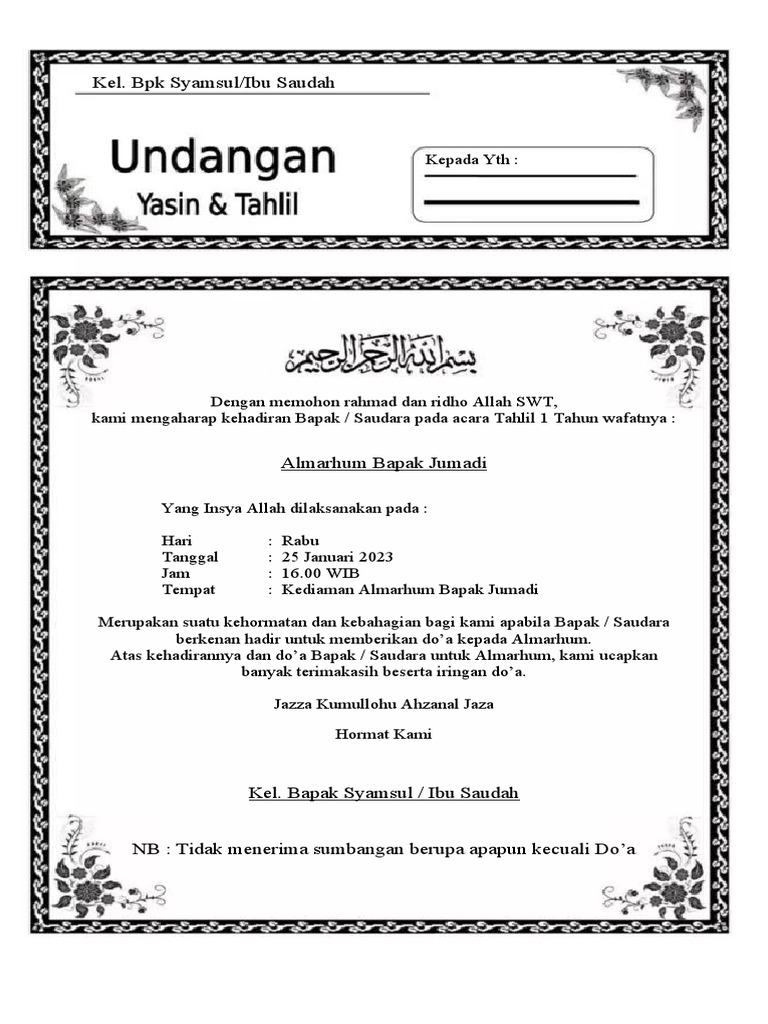 01 Undangan Yasinan Dan Tahlil | PDF