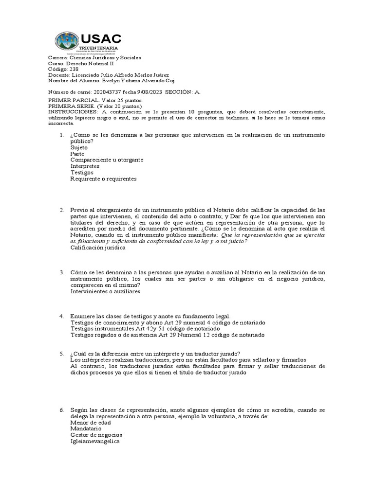 Examen Derecho Notarial Evelyn Alvarado | PDF