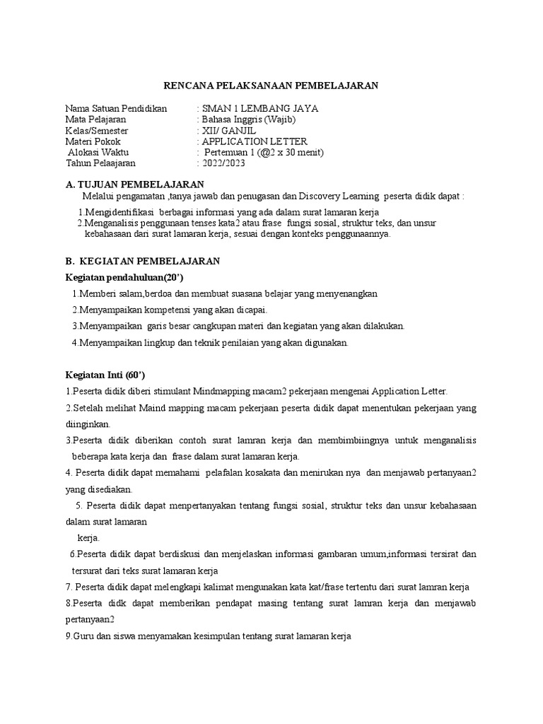 RPP Kd.3.2 Application Letter | PDF | Karier & Perkembangan | Ilmu Sosial