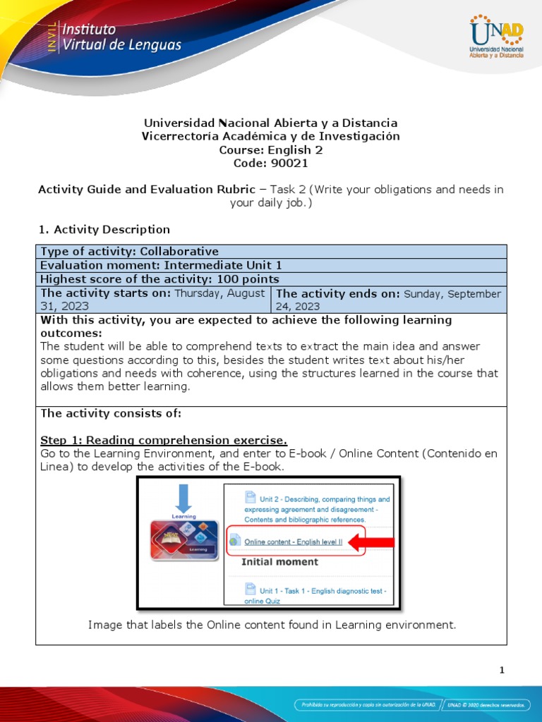 Activities Guide and Evaluation Rubric - Unit 1 - Task 2 - Write Your Obligations and Needs in ...