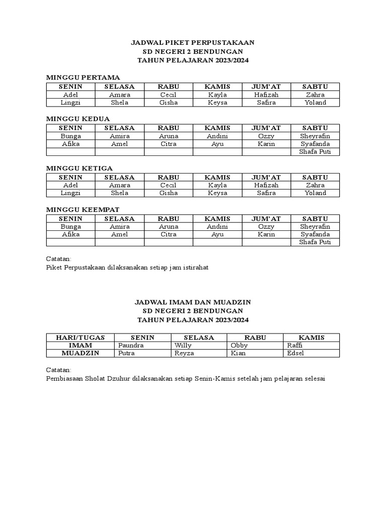 Jadwal Piket Perpustakaan | PDF