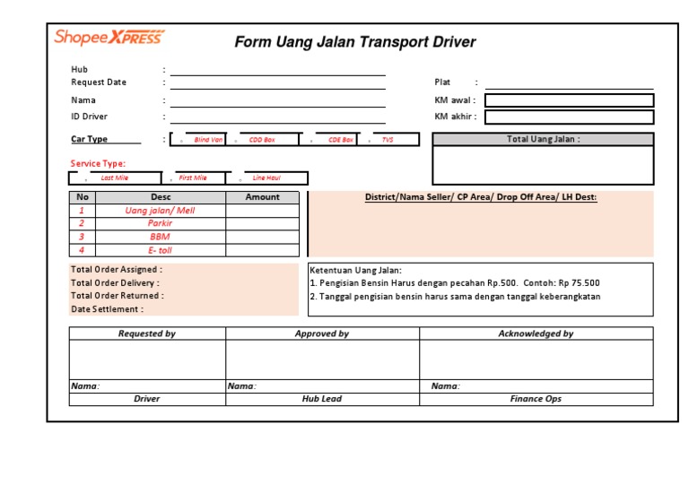 Form Uang Jalan Transport Driver | PDF