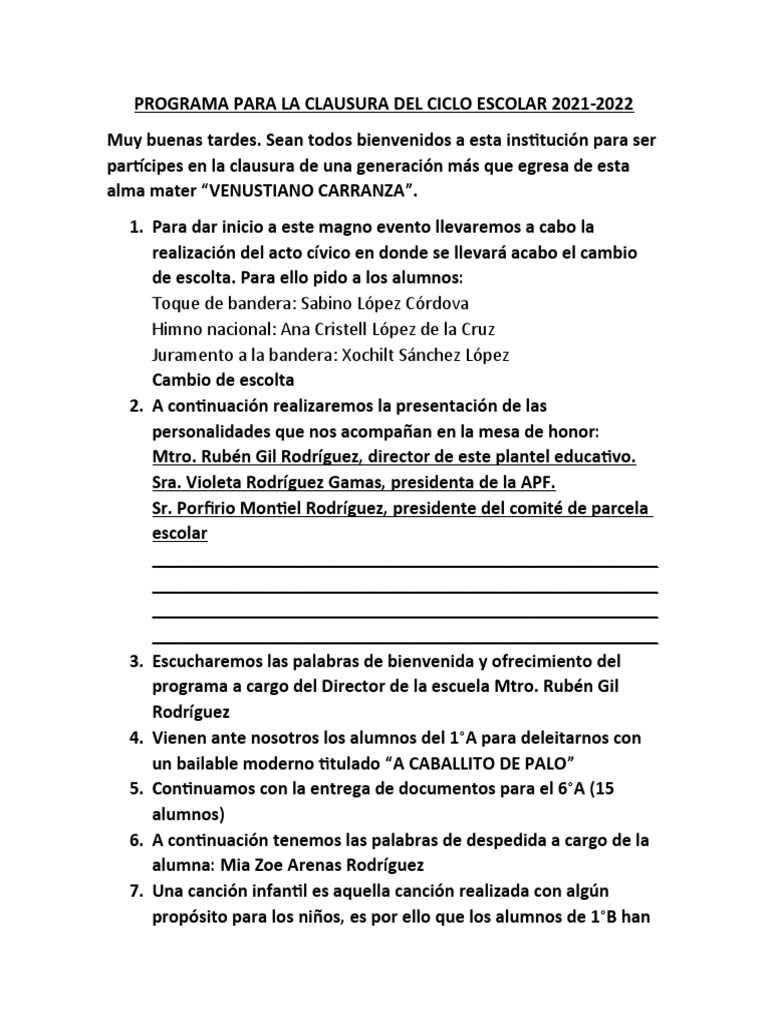 PROGRAMA PARA LA CLAUSURA DEL CICLO ESCOLAR 2021 | PDF
