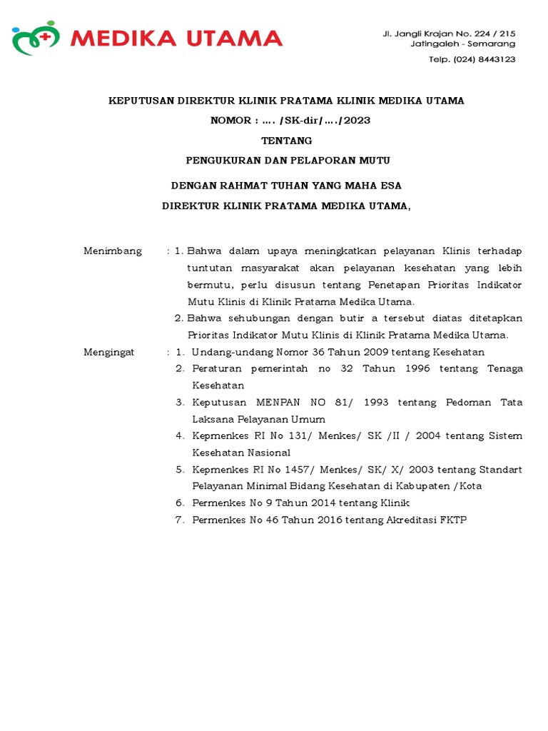 SK Pengukuran Dan Pelaporan Indikator Mutu Klinik | PDF
