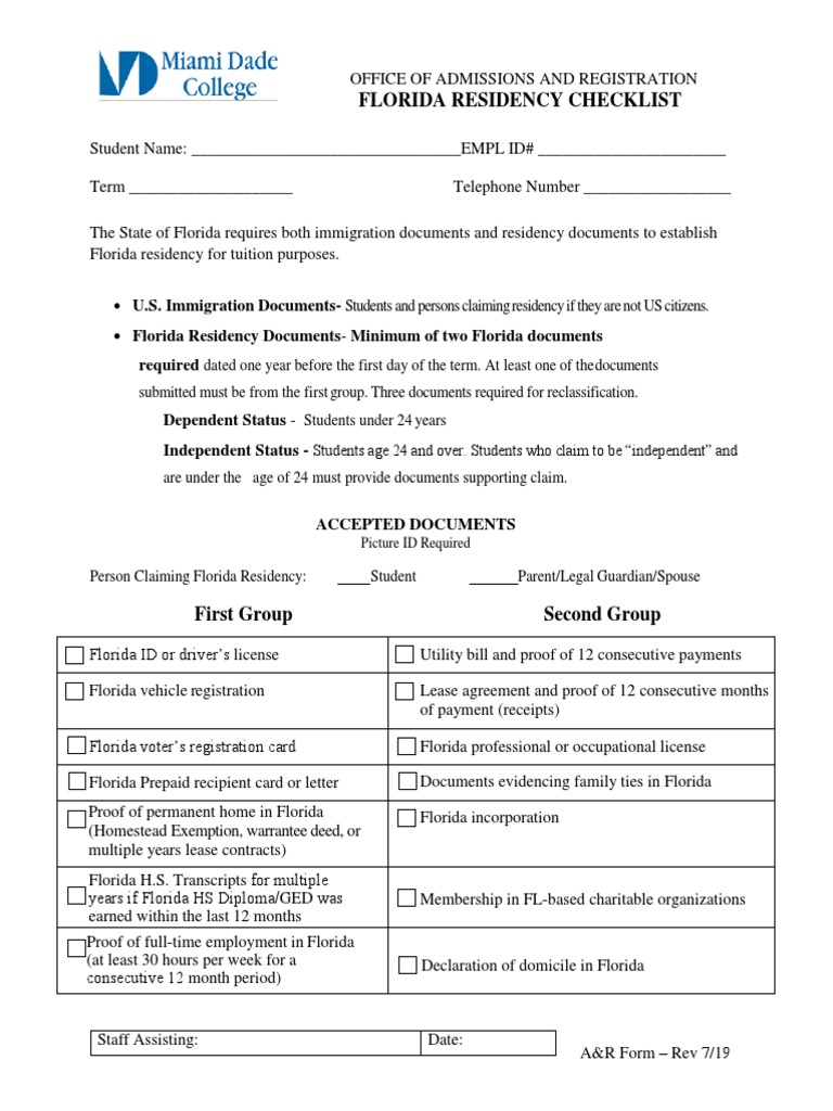 Florida Residency Checklist | PDF