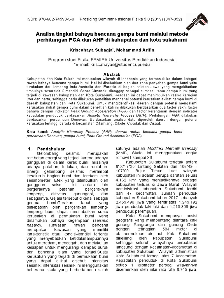 Analisa Tingkat Bahaya Bencana Gempa Bumi Melalui Metode Perhitungan PGA Dan AHP Di Kabupaten ...