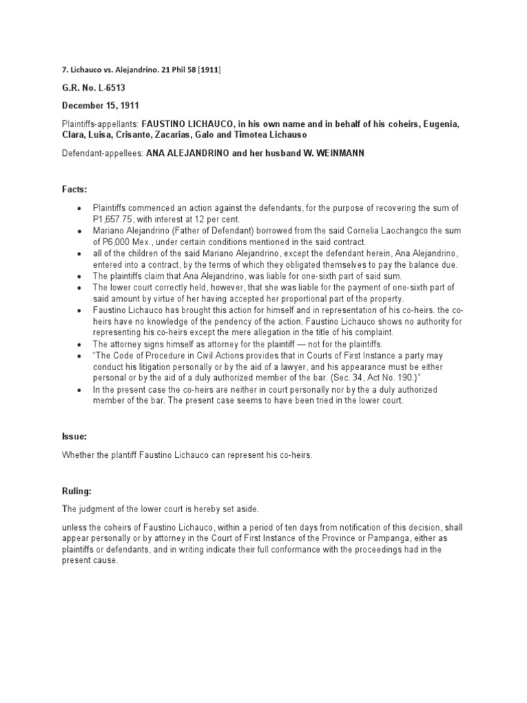 Lichauco v. Alejandrino Case Summary | PDF