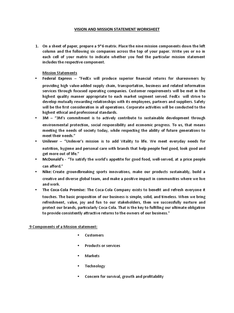 VISION AND MISSION STATEMENT WORKSHEET | PDF