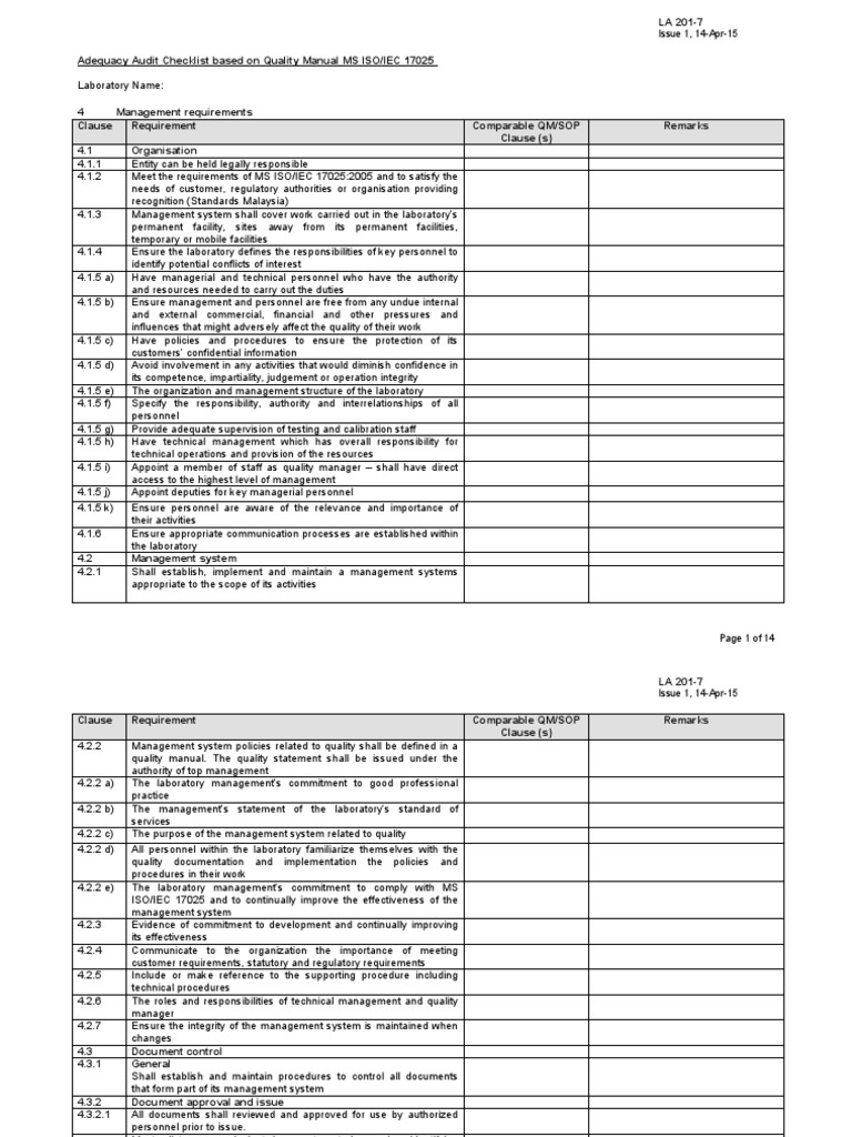 LA 201-7 MS ISO IEC 17025 Checklist | PDF | Calibration | Audit LA 201-7 MS ISO IEC 17025 Checklist | PDF | Calibration | Audit