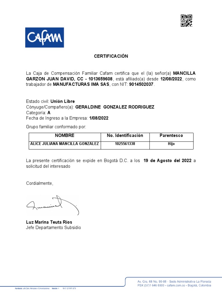 Certificado Cafam | PDF
