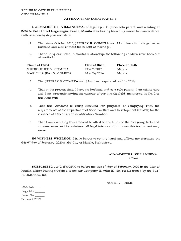 AFFIDAVIT OF SOLO PARENT NOT MARRIED | PDF