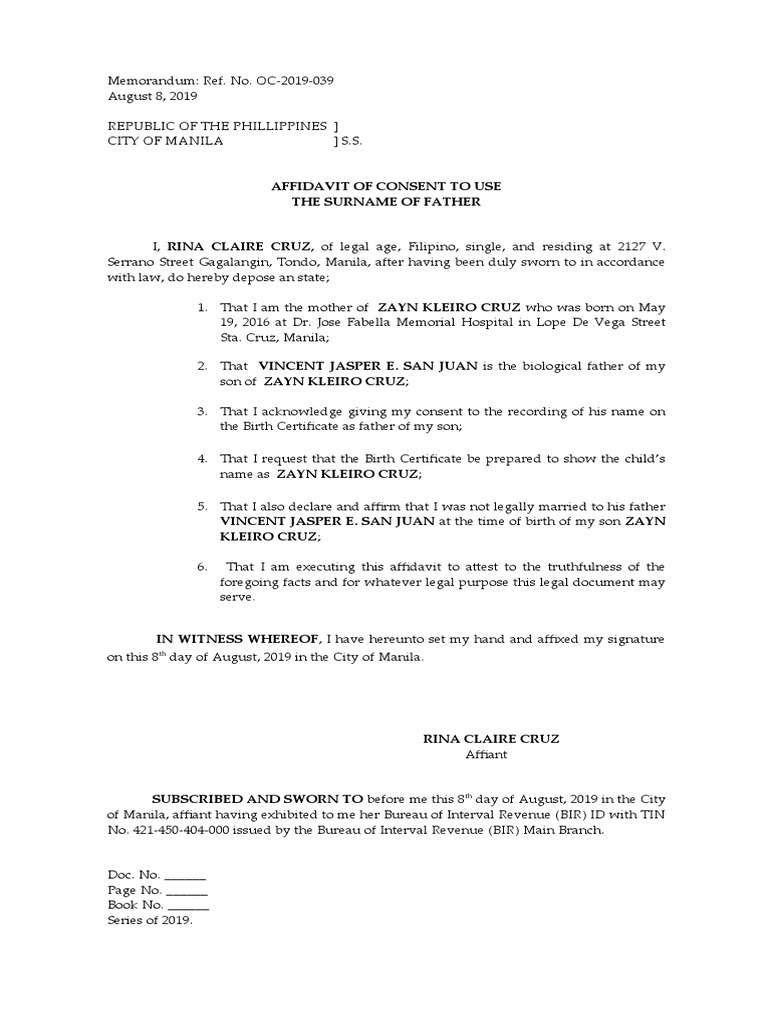 Affidavit of Using Father Surname | PDF