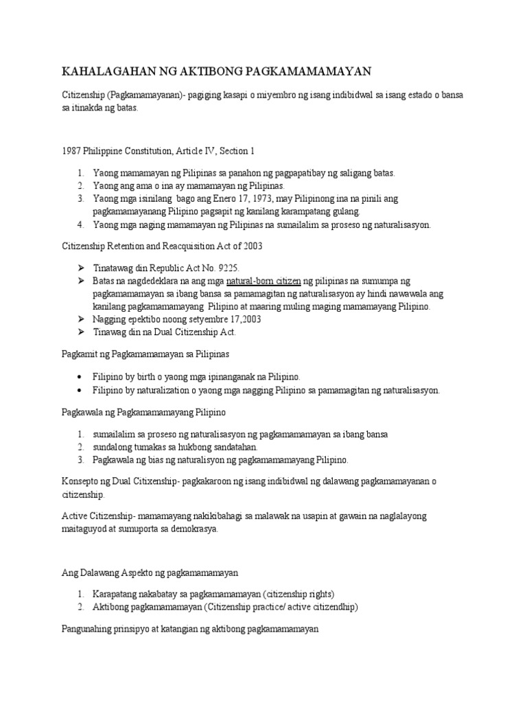 Kahalagahan NG Aktibong Pagkamamamayan | PDF