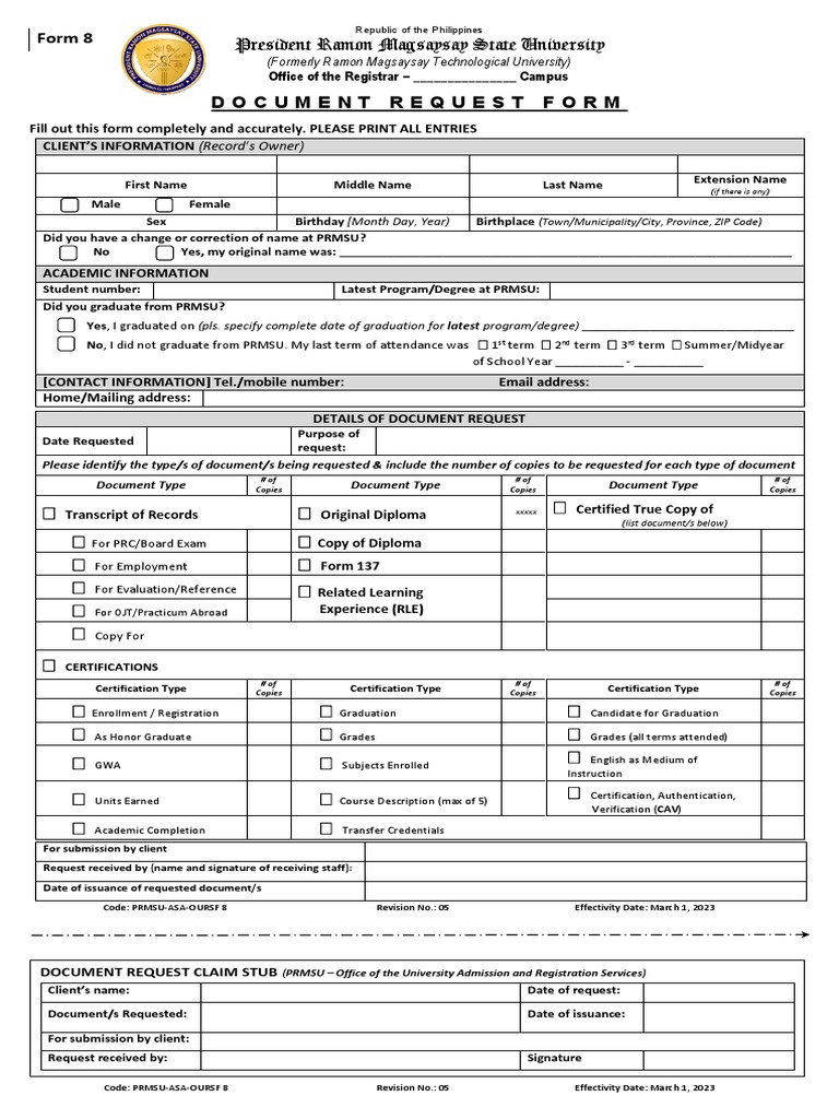 PRMSU-ASA-OURSF 8 Request For Documents March 1 20231-3 | PDF | Courier | Identity Document