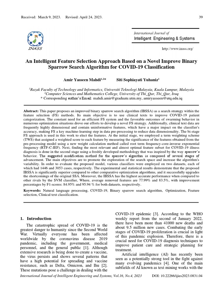 An Intelligent Feature Selection Approach Based On A Novel Improve Binary Sparrow Search ...