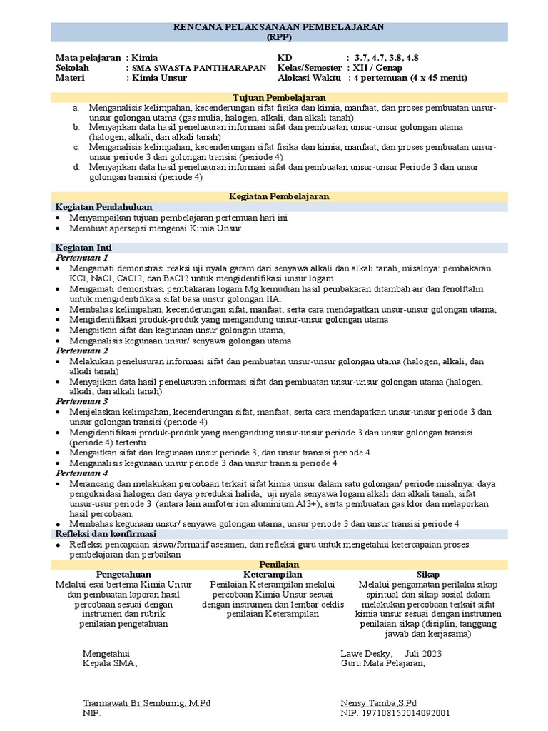 RPP Kimia Unsur Kelas XII SMA | PDF | Teknologi & Rekayasa