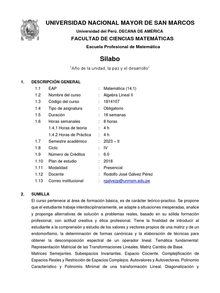Silabo Algebra Lineal II | PDF Silabo Algebra Lineal II | PDF