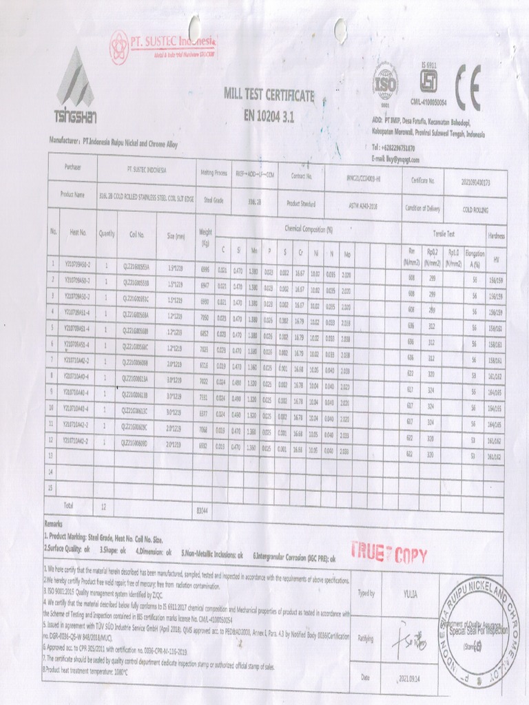 Mill Certificate SUS 316 Doff 1.2mm | PDF