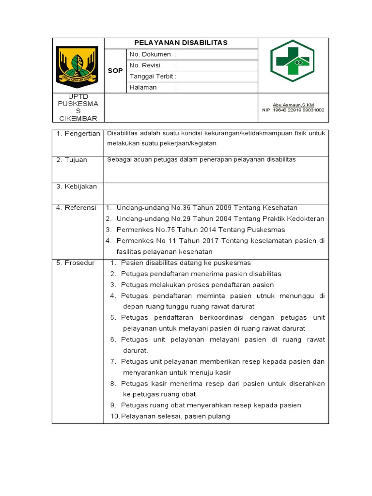 SOP Pelayanan Disabilitas di Puskesmas | PDF