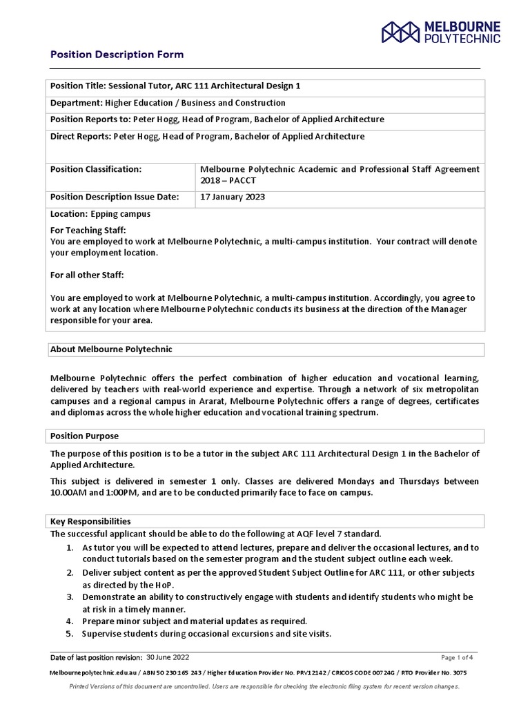 PD Form Baa Sessional Teaching Arch Design 1 20230117 | PDF
