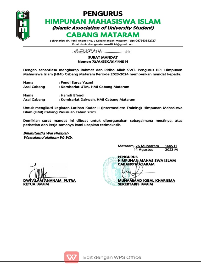 Surat Mandat LK 2 Pasuruan 2023 | PDF