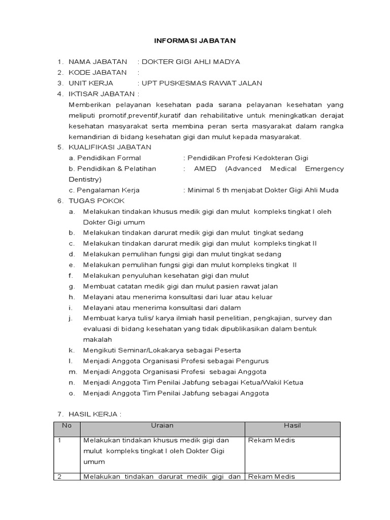 Anjab Dokter Gigi Madya Rajal 1-12-2022 | PDF