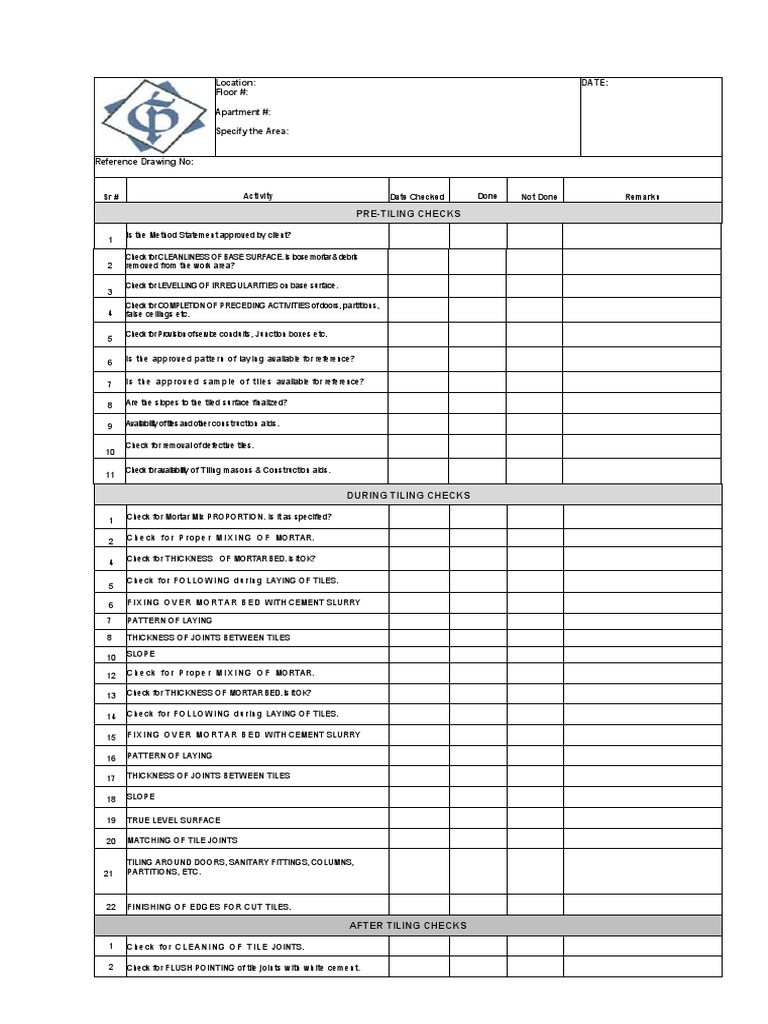 Tiling Checklist Updated | PDF | Tile | Masonry