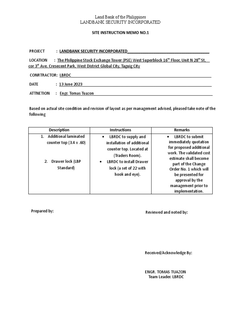 Site Instruction Sample | PDF