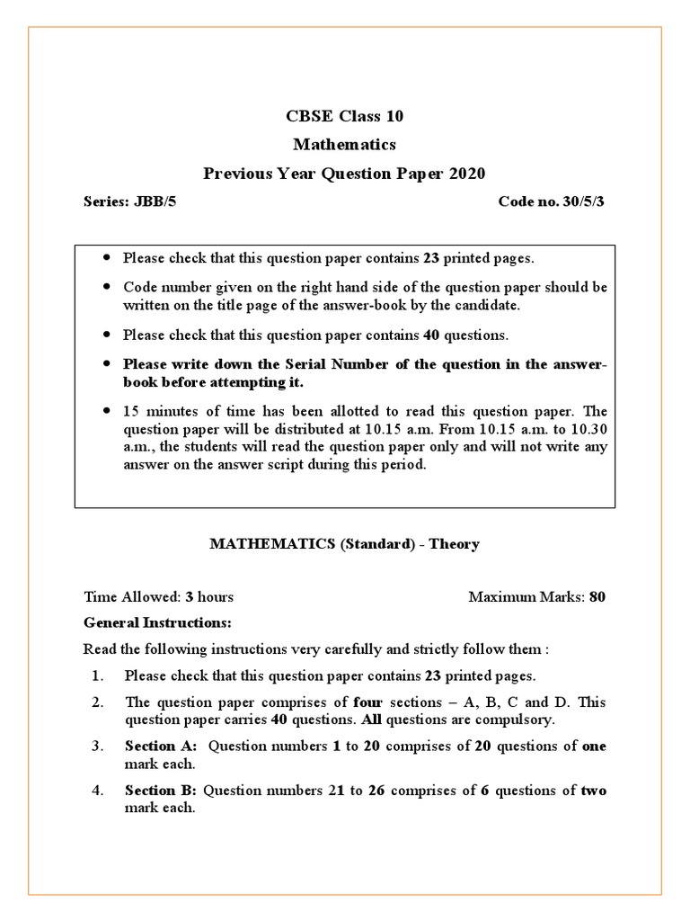 CBSE Previous Year Question Papers Class 10 Maths 230730 075651 | PDF | Sphere | Circle